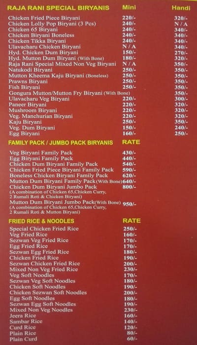 Menu of Raja Rani Ruchulu, Kukatpally, Hyderabad