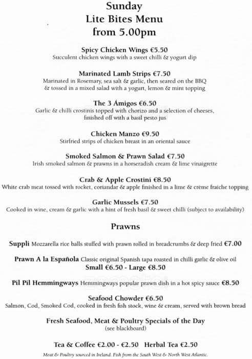 Menu at Hemmingways Restaurant Clontarf, Dublin