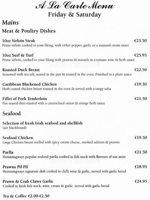 Menu at Hemmingways Restaurant Clontarf, Dublin