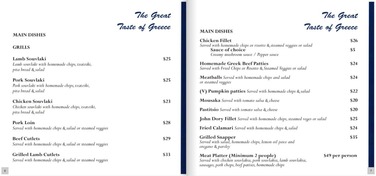 Menu at Taste of Greece restaurant, Kogarah Bay