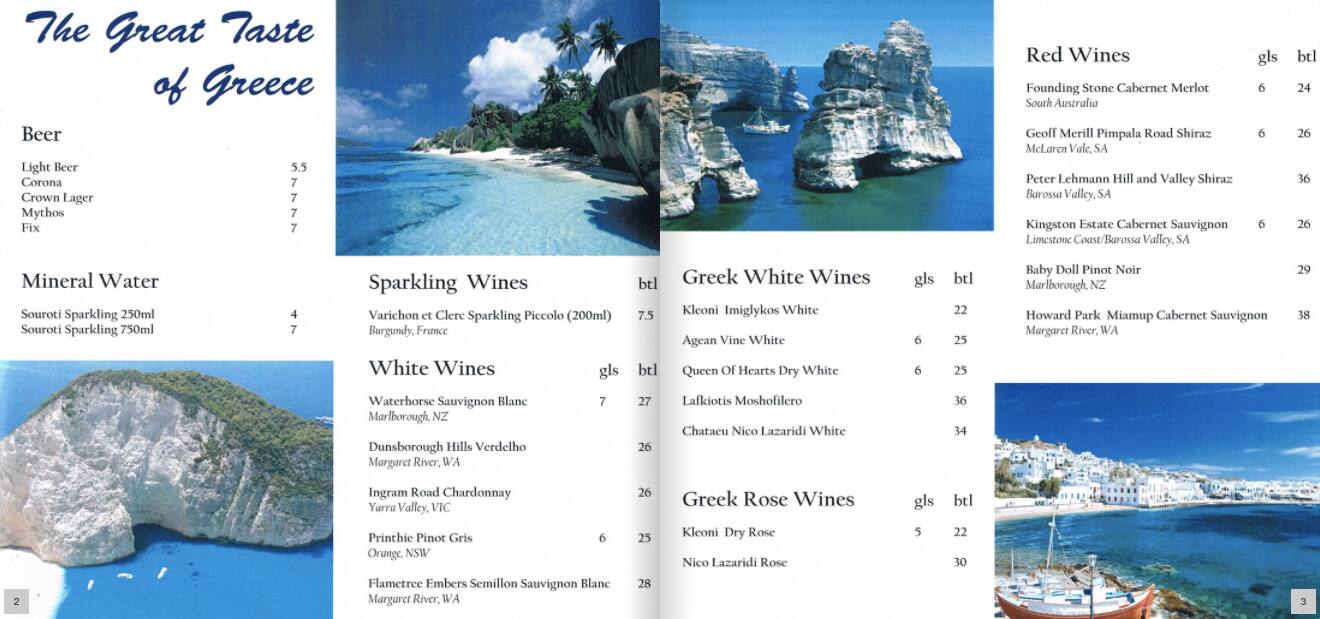 Menu at Taste of Greece restaurant, Kogarah Bay