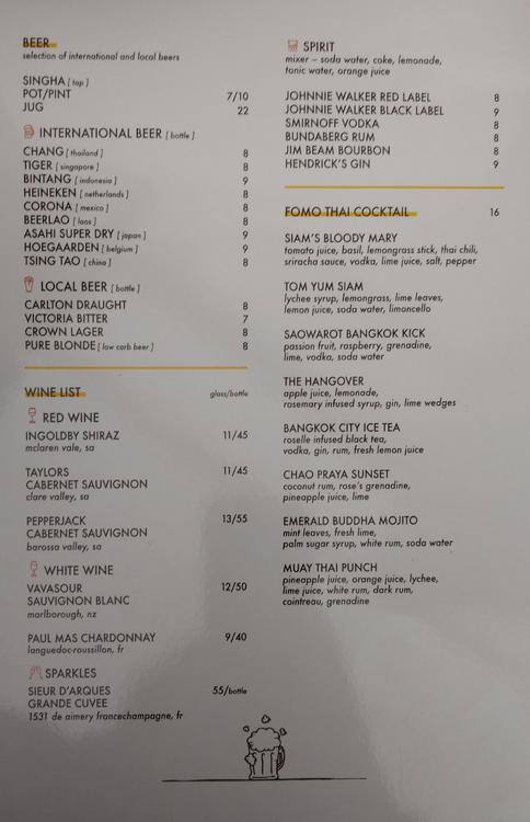 Menu at FOMO Thai restaurant, Melbourne