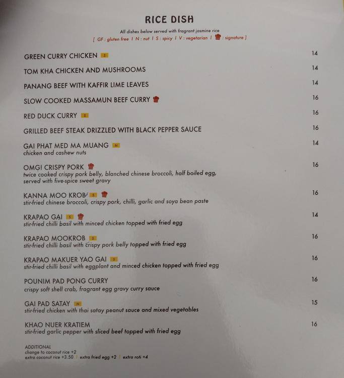 Menu at FOMO Thai restaurant, Melbourne