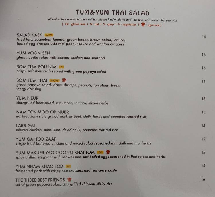 Menu at FOMO Thai restaurant, Melbourne