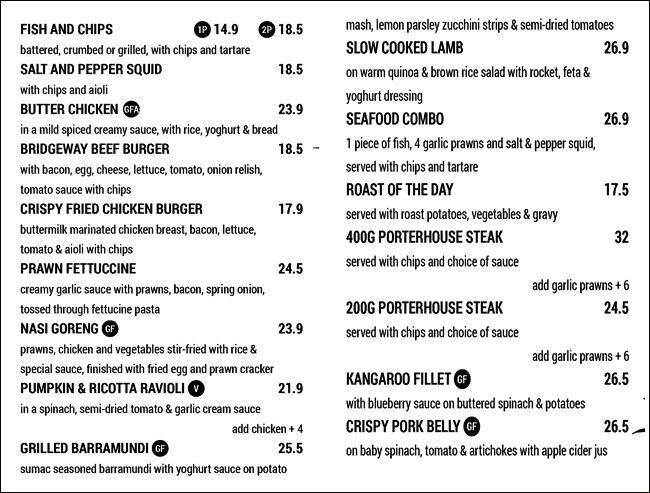 Menu at Bridgeway Hotel pub & bar, Pooraka