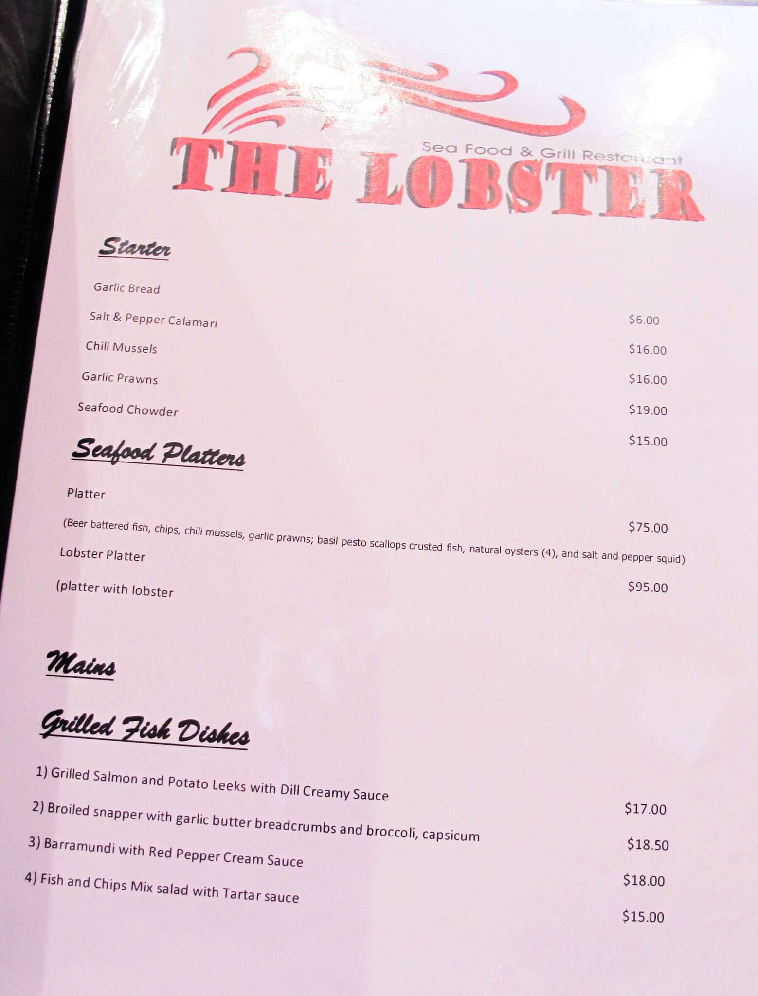 Menu at The Lobster restaurant, Beaconsfield