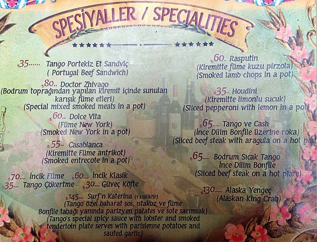 Menu at Tango Argentina, Bodrum, Oasis AVM