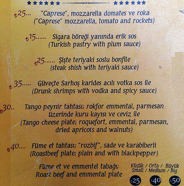 Menu at Tango Argentina, Bodrum, Oasis AVM
