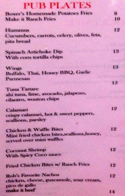 Menu at Shadow Boxers pub & bar, West New York