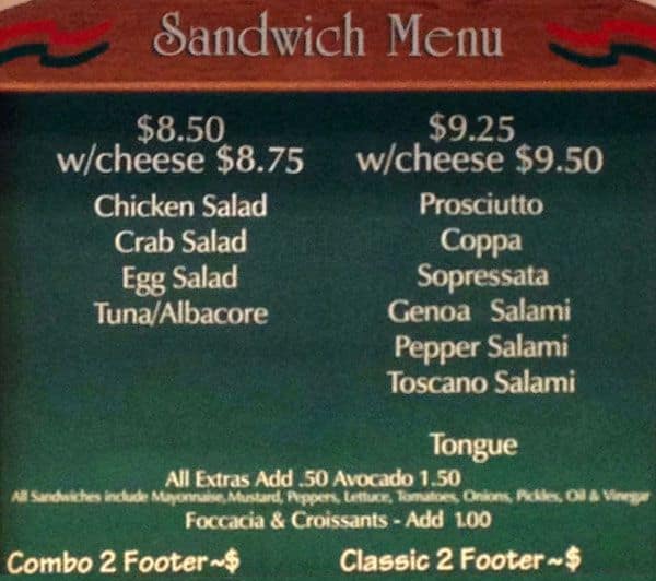 Menu at Genova Delicatessen restaurant, Napa