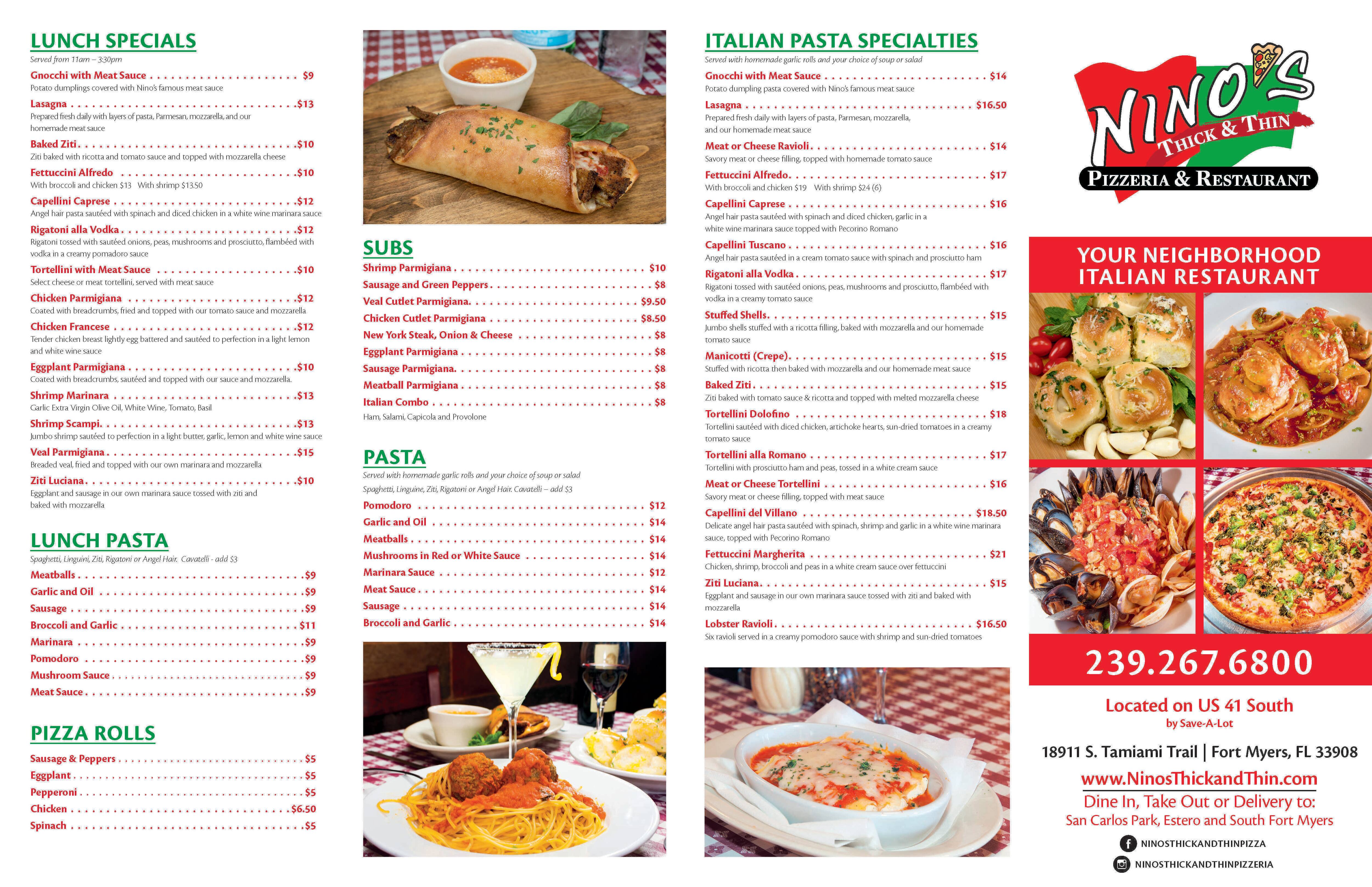 Menu at Nino’s Pizzeria and Restaurant, Estero