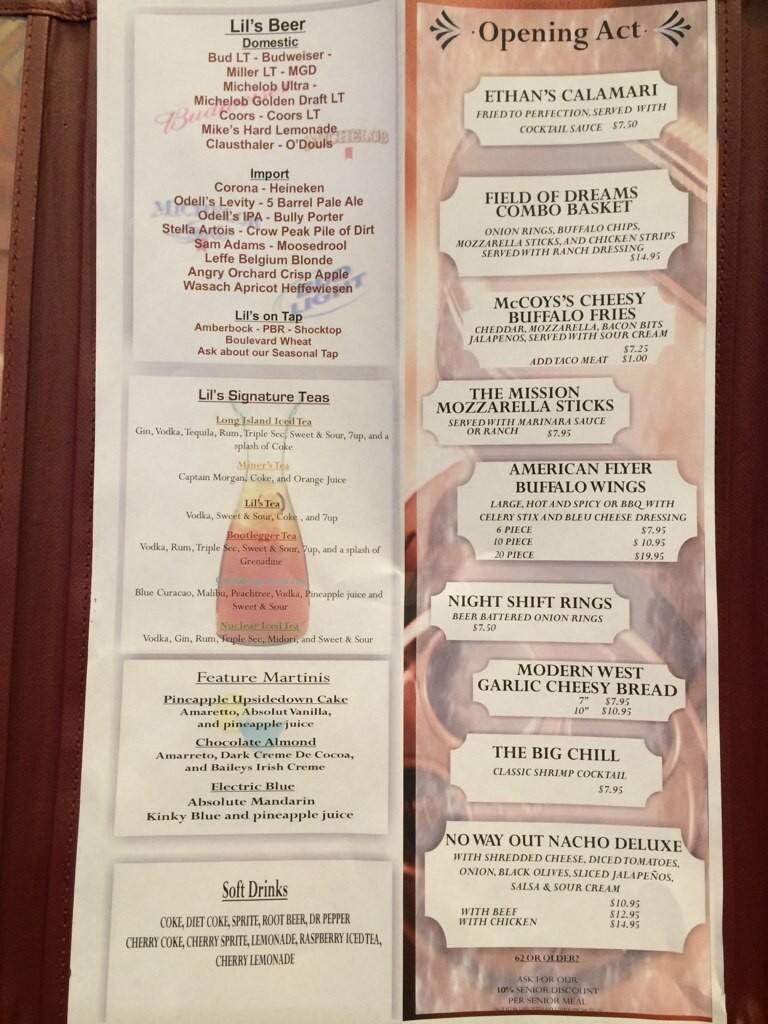 Menu at Diamond Lil's pub & bar, Deadwood, 677 Main St