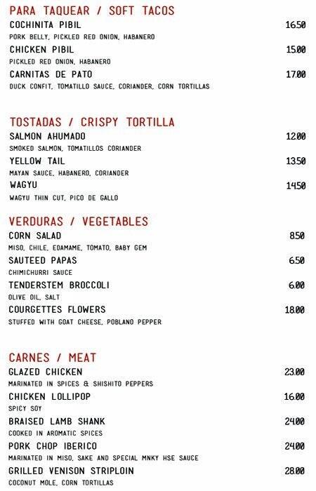 Menu at Mnky Hse restaurant, London