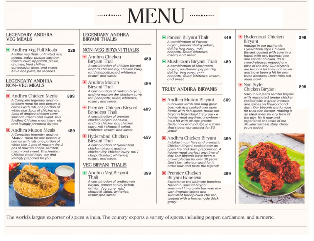 Menu of Nandhini Deluxe, Bommasandra, Bangalore