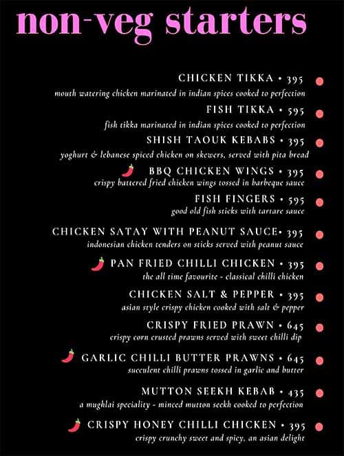 Menu at SkyBar, Shimla