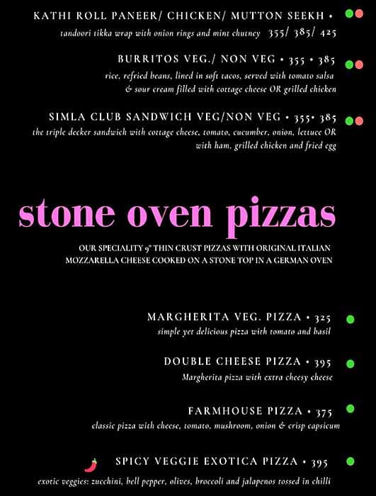 Menu at SkyBar, Shimla