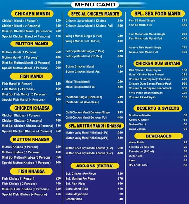 Menu of Al Qasr Aadaab Arabian Mandi Restaurant, Kukatpally, Hyderabad