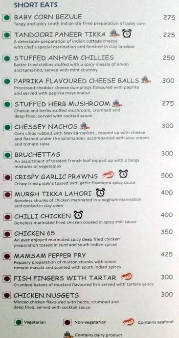 Menu of Trinity Club Lounge, Whitefield, Bangalore