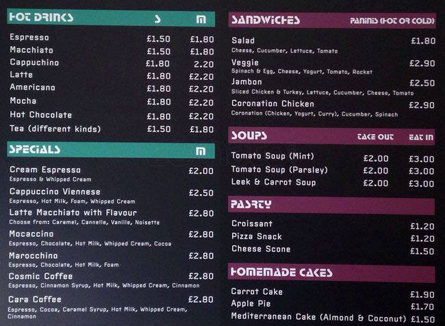 Menu at Cosmic Coffee cafe, London