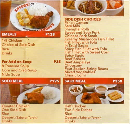 Menu at Savory Chicken Classics restaurant, Makati