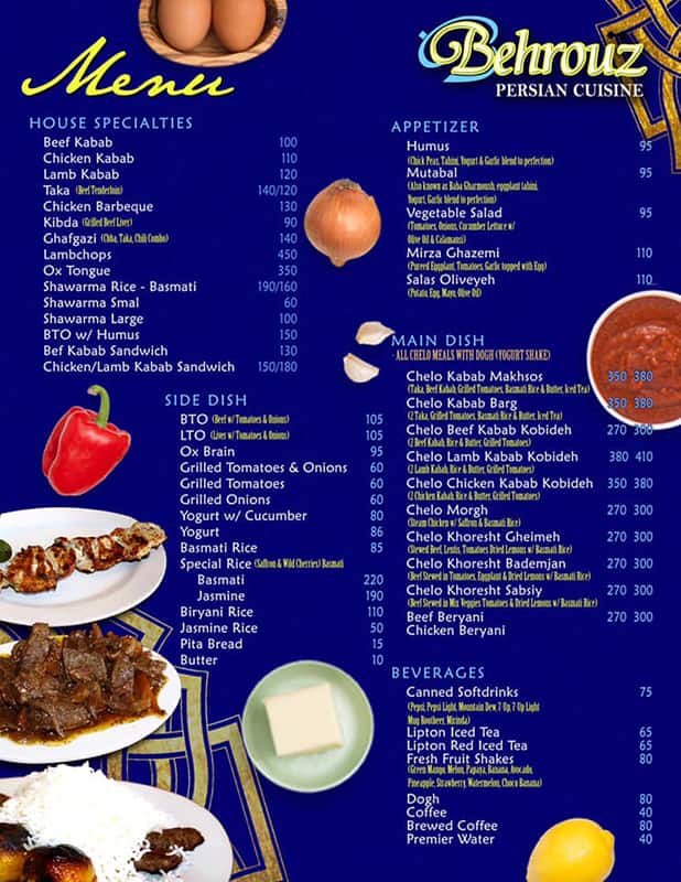 Menu at Behrouz Persian Cuisine restaurant, Quezon City, 50 Scout Tobias St