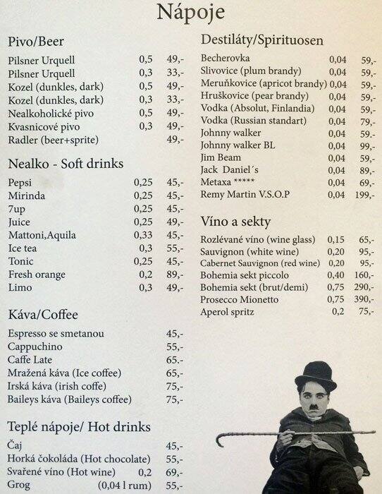 Menu at Charlie restaurant, Karlovy Vary