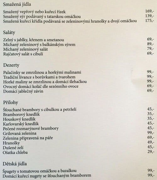 Menu at Charlie restaurant, Karlovy Vary