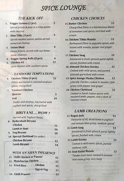Menu at Spice Lounge Cafe, Hawthorn