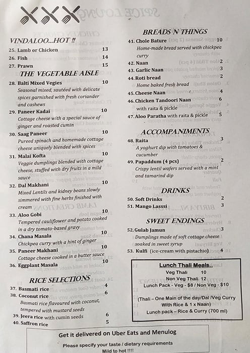 Menu at Spice Lounge Cafe, Hawthorn