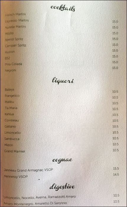 Menu at Marinara Trattoria restaurant, Paddington