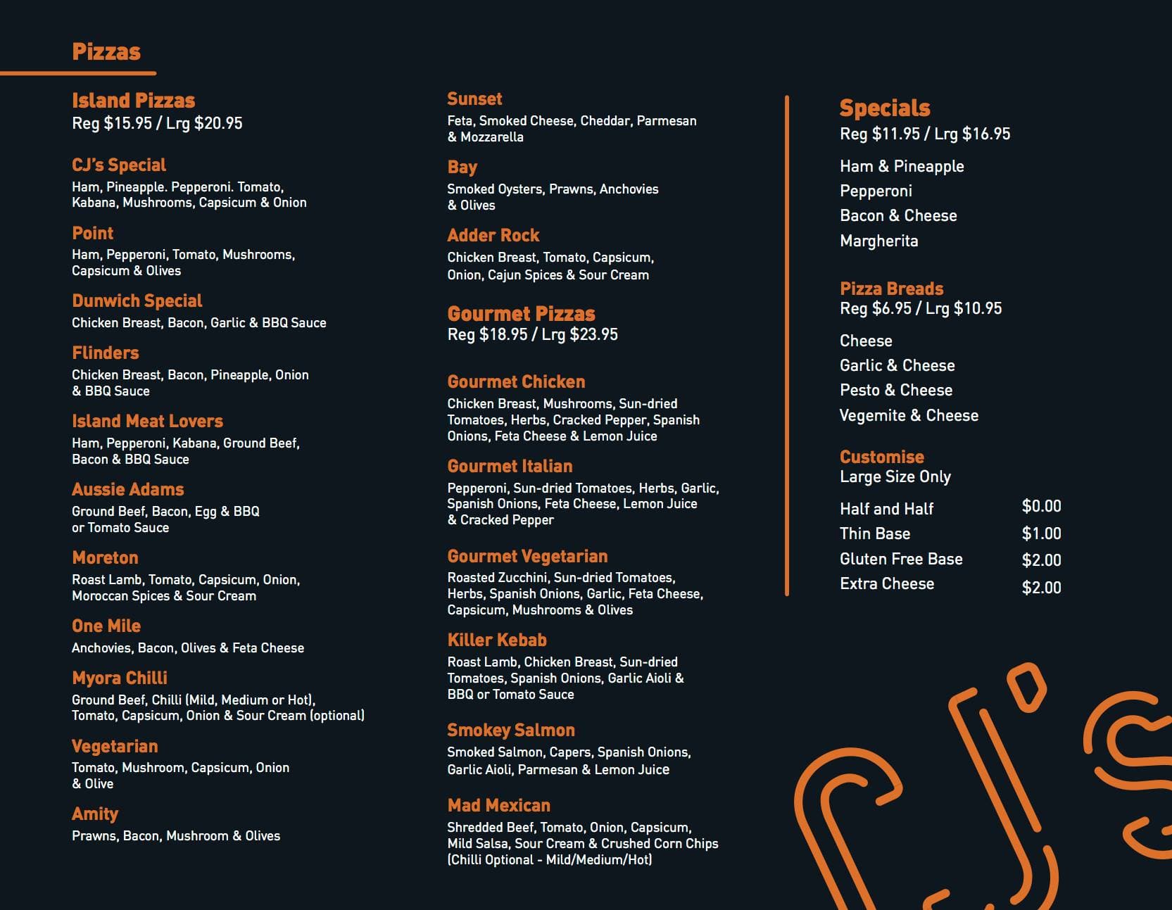 Menu at CJs Cafe and Pizza, Dunwich