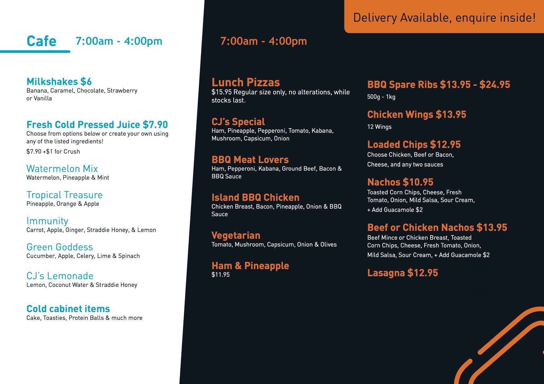 Menu at CJs Cafe and Pizza, Dunwich