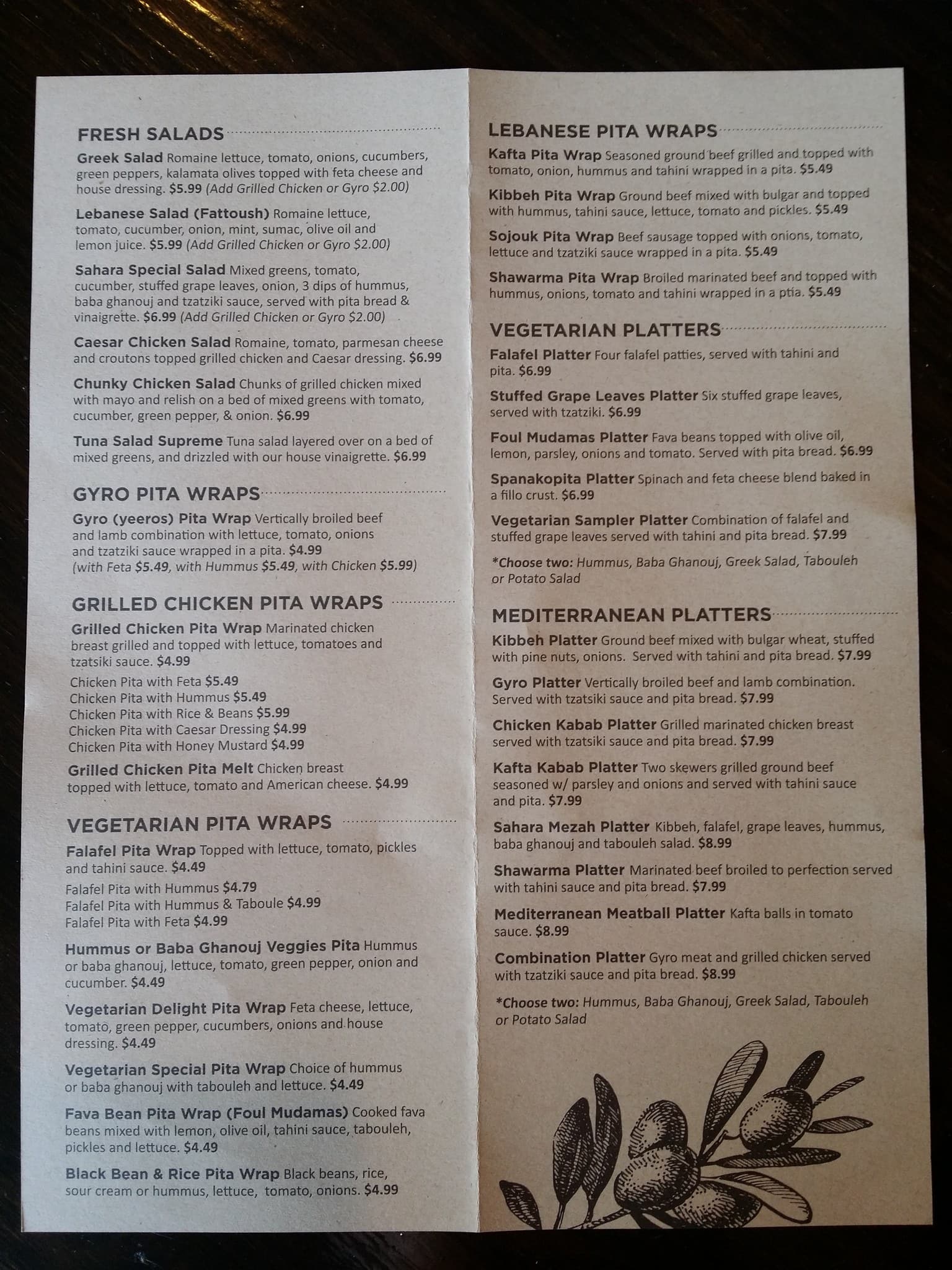 Menu at Sahara Cafe & Mediterranean Foods, Sarasota