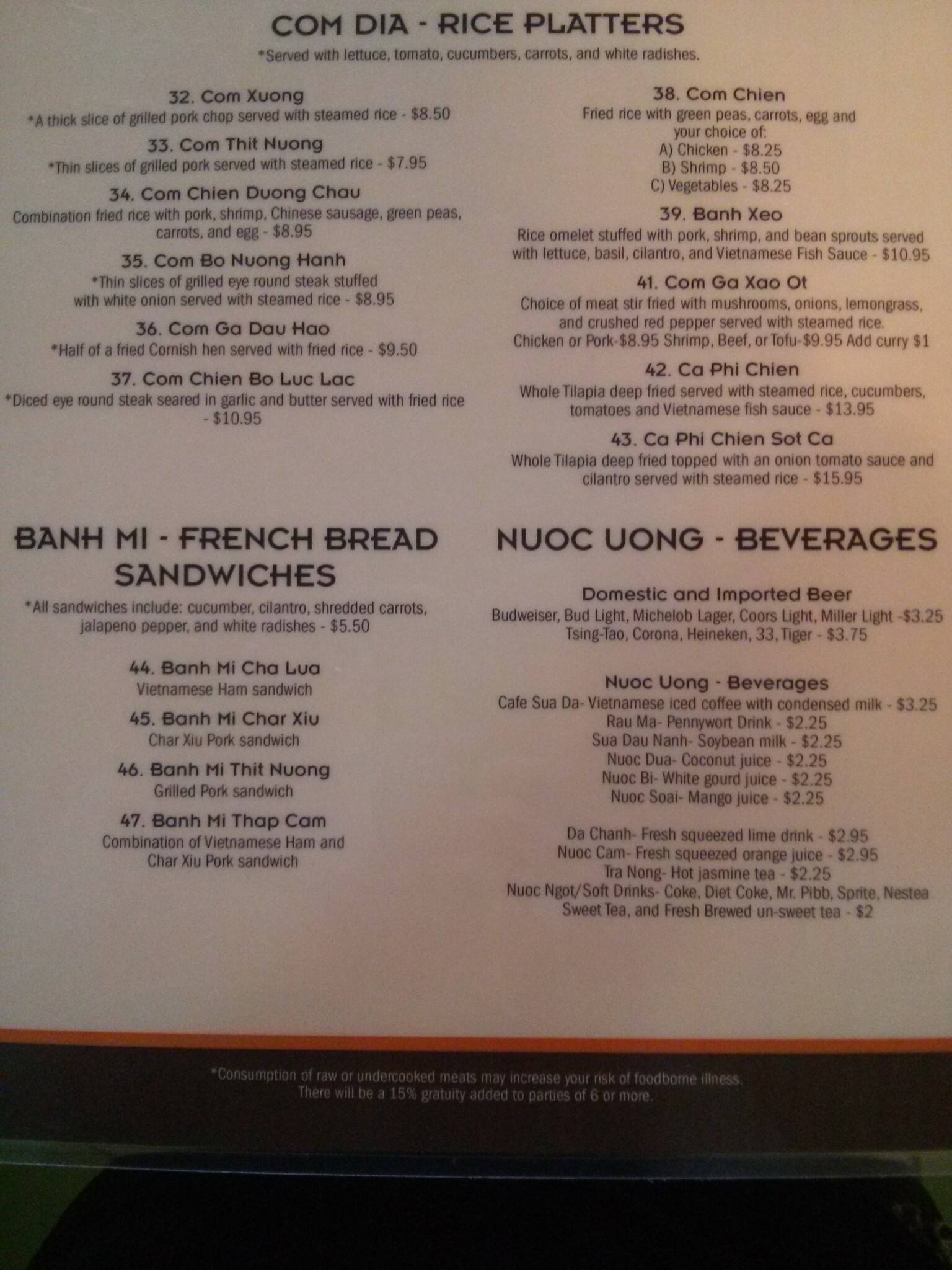 Menu at Pho Que Huong restaurant, Birmingham