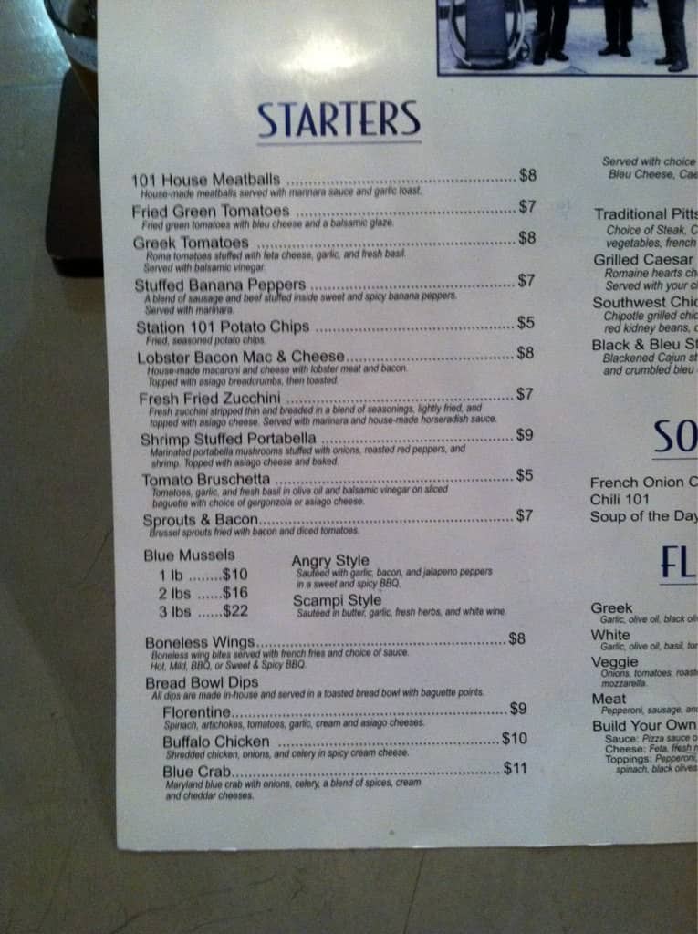 Menu at Station 101 pub & bar, DuBois, Bee Line Hwy