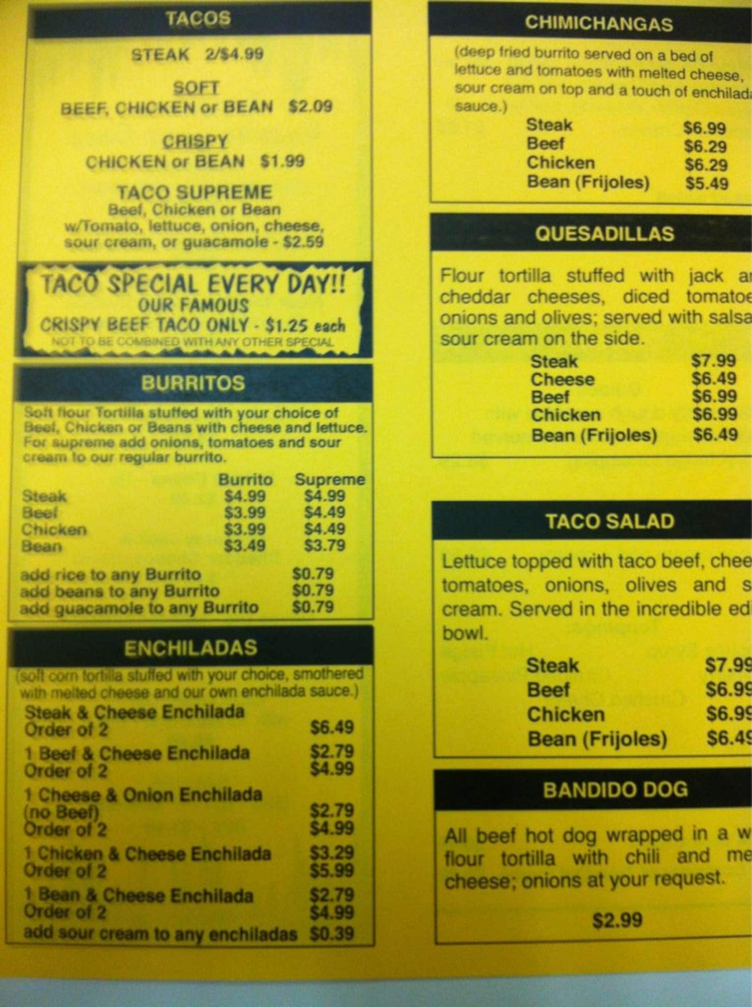Menu at Taco Bandido restaurant, Scranton