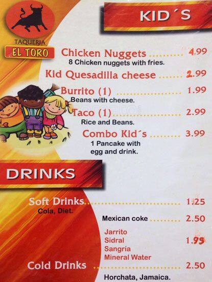 Menu at Taqueria El Toro restaurant, Haltom City, E Belknap St