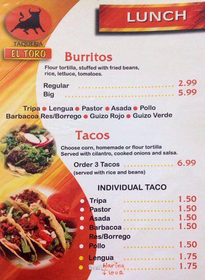 Menu at Taqueria El Toro restaurant, Haltom City, E Belknap St