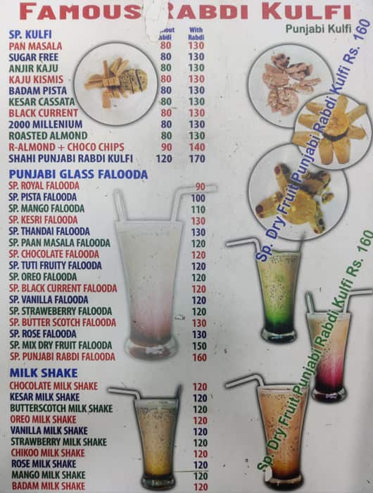 Menu at Famous Rabdi Kulfi, Mumbai