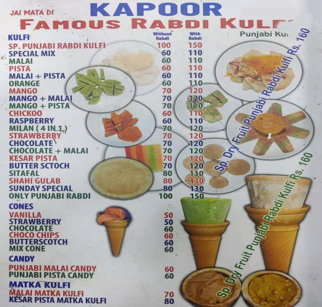 Menu of Famous Rabdi Kulfi, Chowpatty, Mumbai