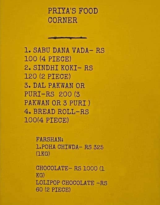 Menu of Priya's Food Corner, Kandivali West, Mumbai