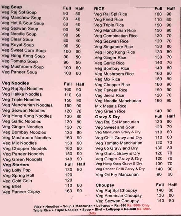 Menu of Raj Chinese Corner Pure Veg & Jain, Virar, Mumbai