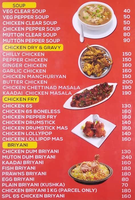 Menu of Hotel Kaveri, Ambattur, Chennai