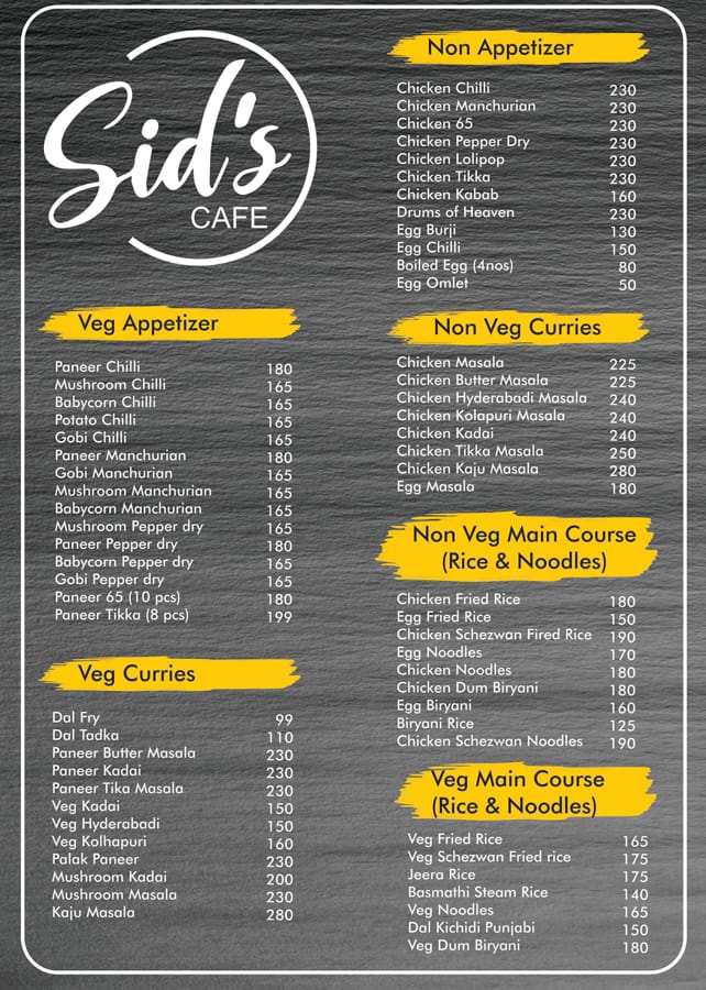Menu of Sid's Cafe, Yelahanka, Bangalore