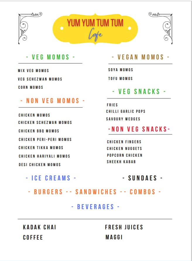 Menu of Yum Yum Tum Tum Cafe, Electronic City, Bangalore