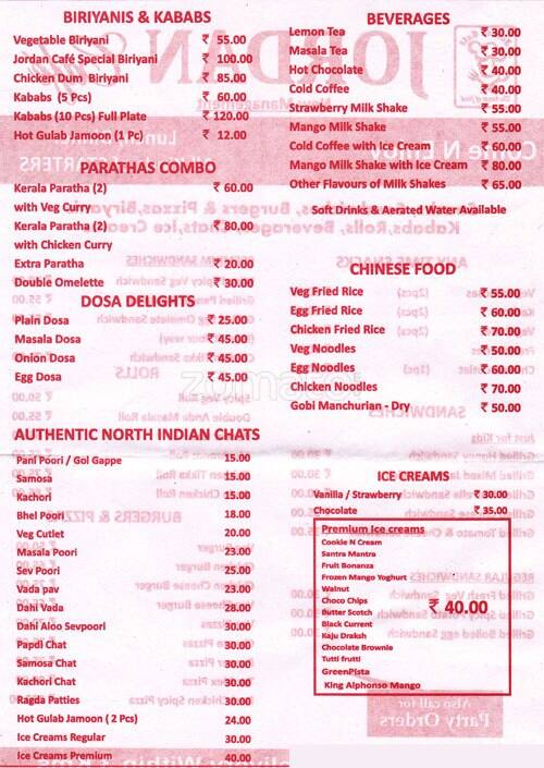 Menu at Jordan Cafe, Bengaluru, 9th Main Rd