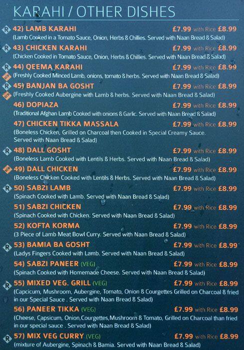 Menu at Kabul City Restaurant, London