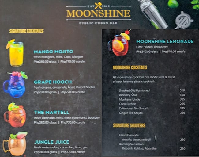 Menu at Moonshine P.U.B. x Public Urban Bar, Pasig