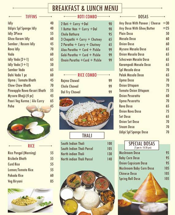 Menu of Brundavan Udupi Veg, RTC X roads, Hyderabad