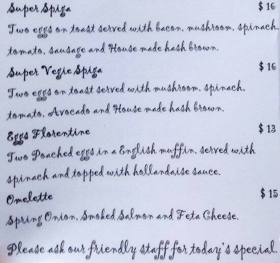 Menu at Spiga Bar, Melbourne